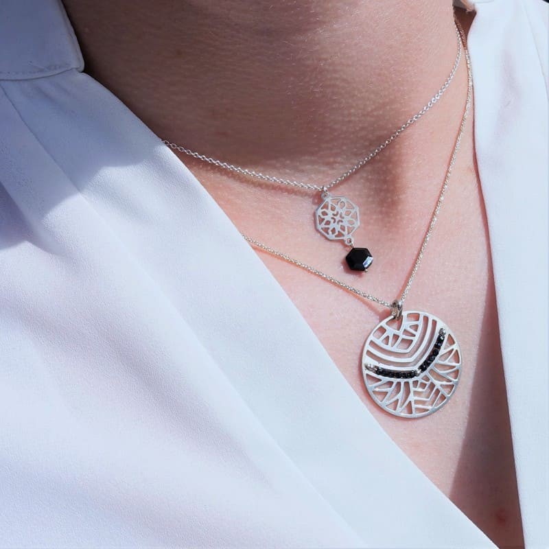 Collier Onyx Hexagonal avec rosace et chaine en Argent 925