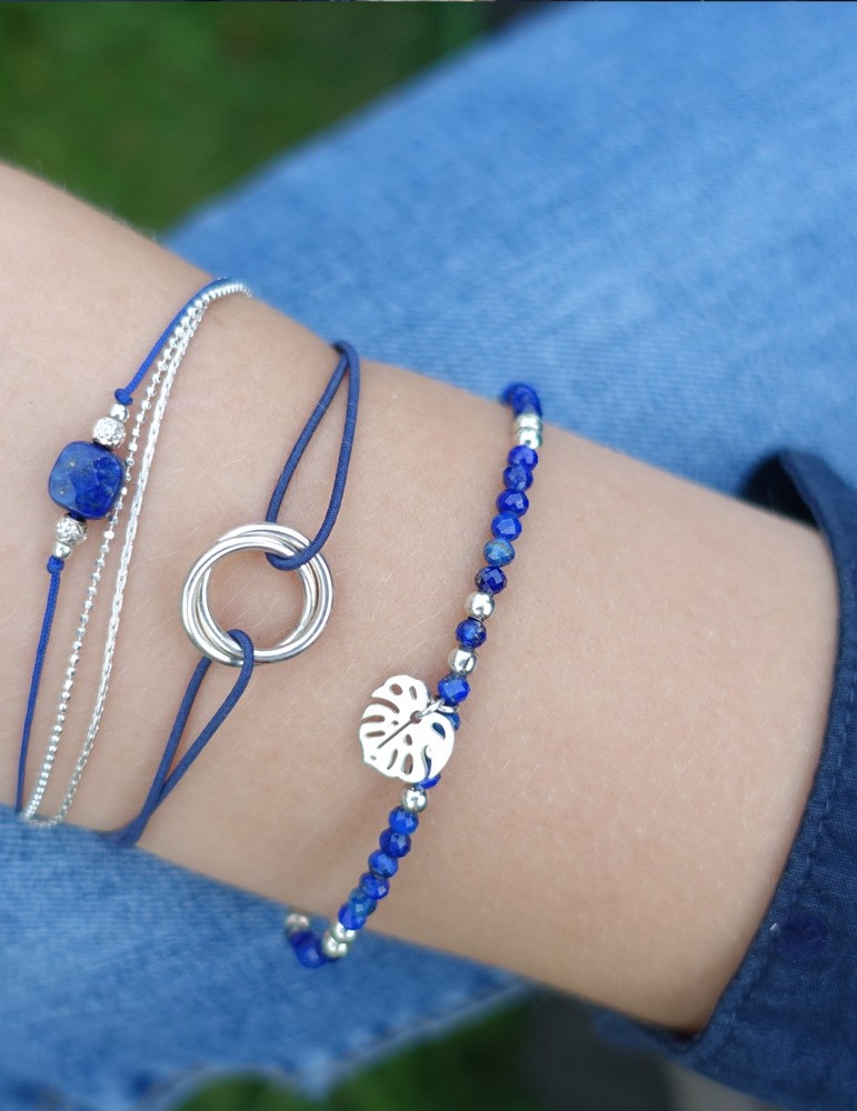 Bracelet Lapis Lazuli "Feuille Monstera" 3mm et Argent 925